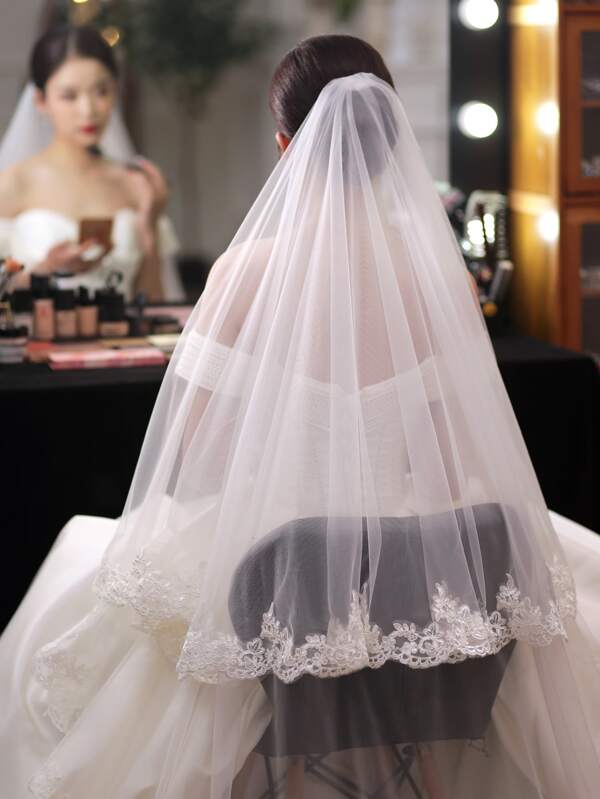 1pc White Lace & Mesh Long Wedding Veil, Bride's Headpiece With Lace ...