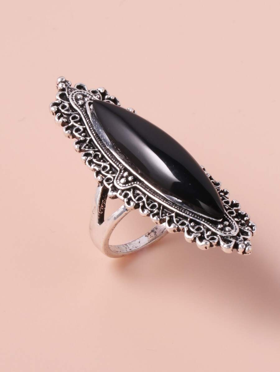 1pc Zinc Alloy Antique Silver Plated Exaggerated Black Long Ring ...