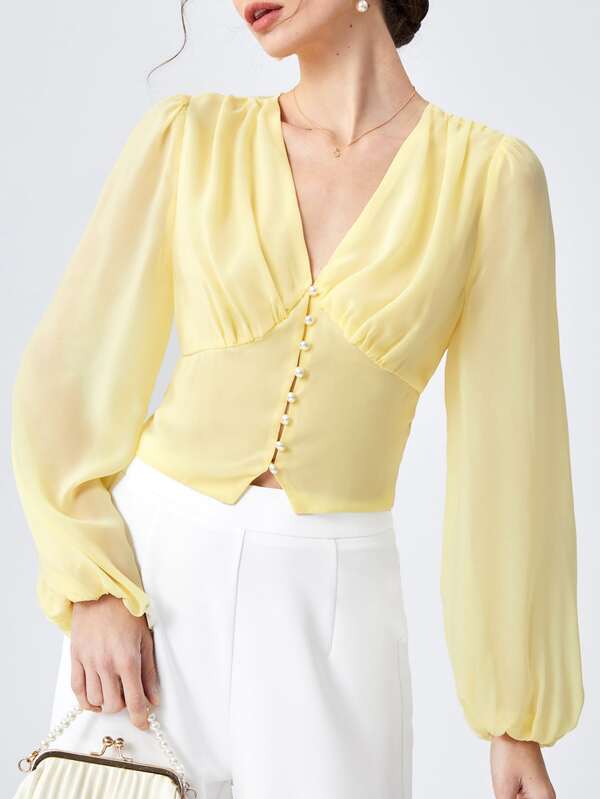 SHEIN BIZwear Ruched Bust Lantern Sleeve Blouse Workwear | SHEIN USA