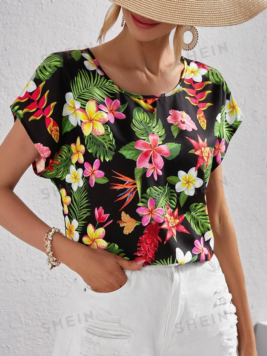 SHEIN VCAY Blusa playa con estampado tropical de manga murciélago ...