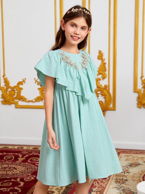 SHEIN Kids Nujoom Girls Floral Appliques Ruffle Trim Dress | SHEIN USA