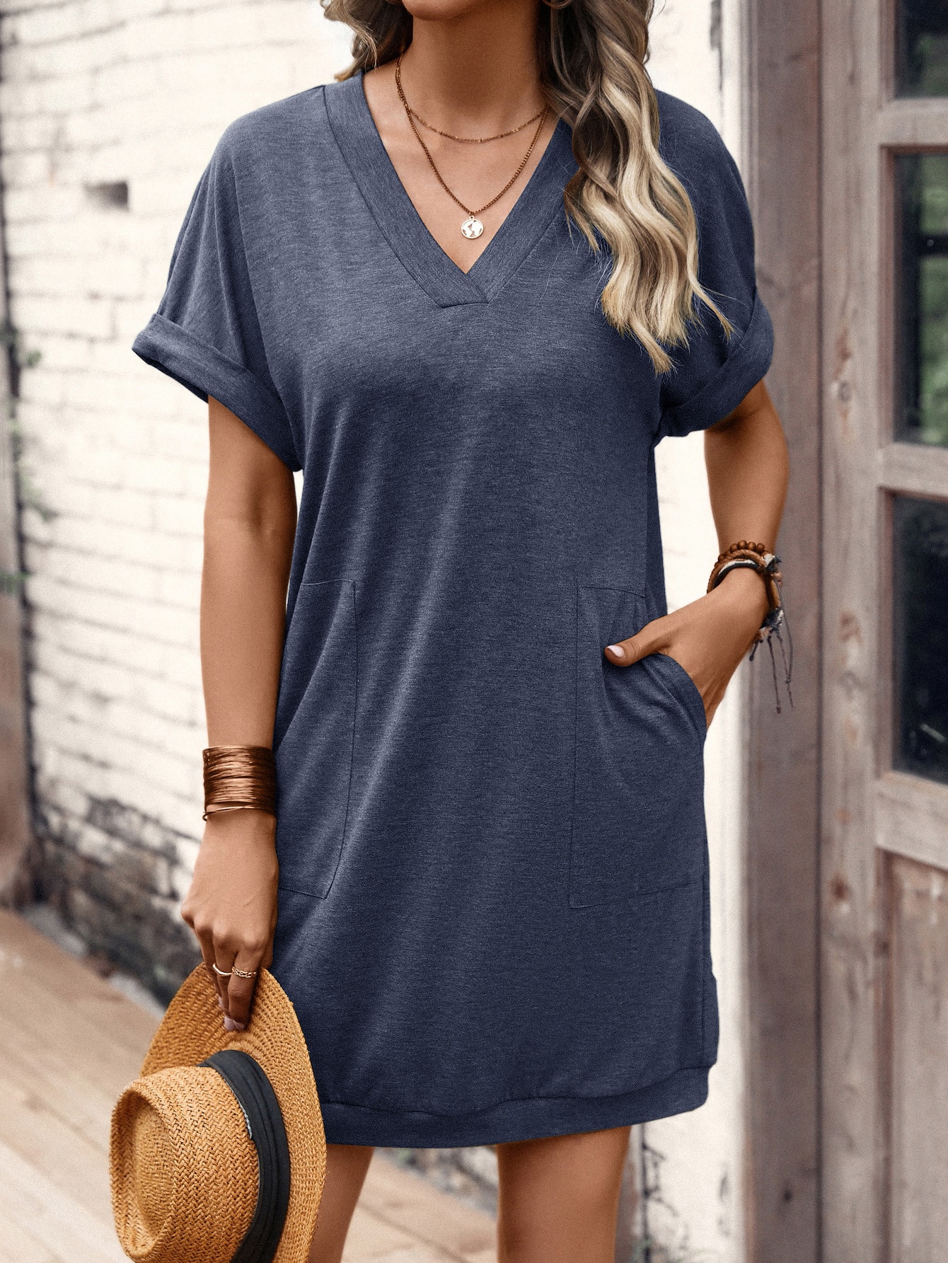 SHEIN LUNE Solid Slant Pocket Batwing Sleeve Hidden Pocket Dress ...