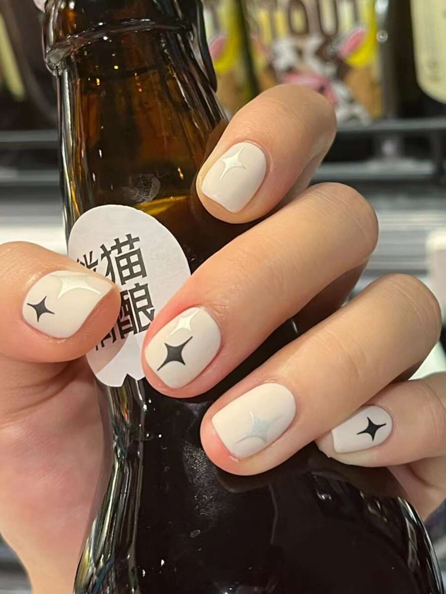 24pcs Simple Short Square Shape Nail Nails White Star Nail Press On ...