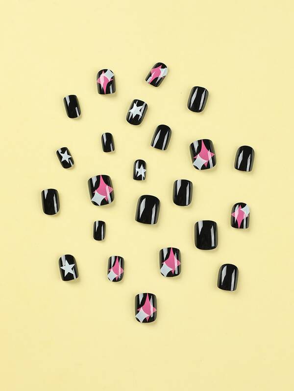 Transform Your Nails with 24pcs Short Square Black Solid Star Pattern ...
