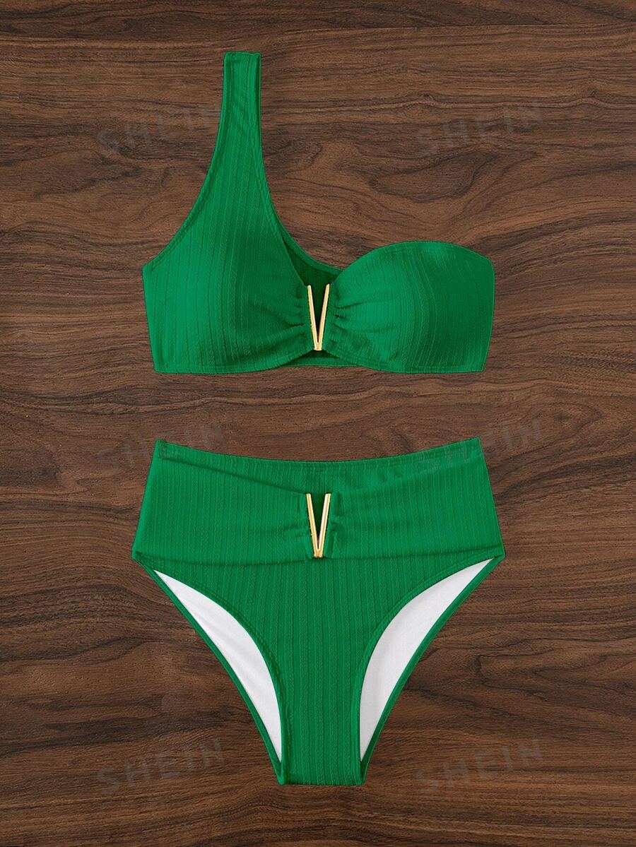 Shein Swim Plain One Shoulder High Waisted Summer Beach Bikini Set