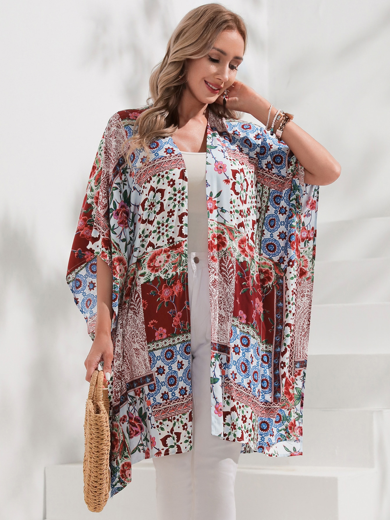 EMERY ROSE Floral & Patchwork Print Batwing Sleeve Kimono | SHEIN UK