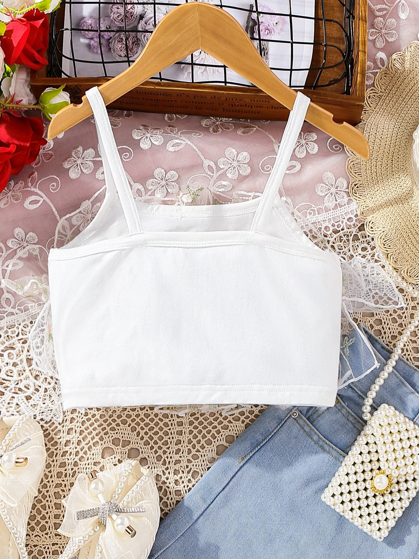 Mädchen Cami Top Mit Blume Stickerei Kontrast Netzstoff Aktuelle