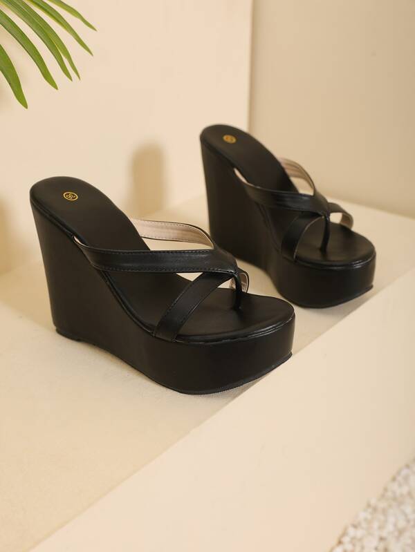 Fashion Black Wedge Slide Sandals For Women, Stitch Detail Toe Post ...