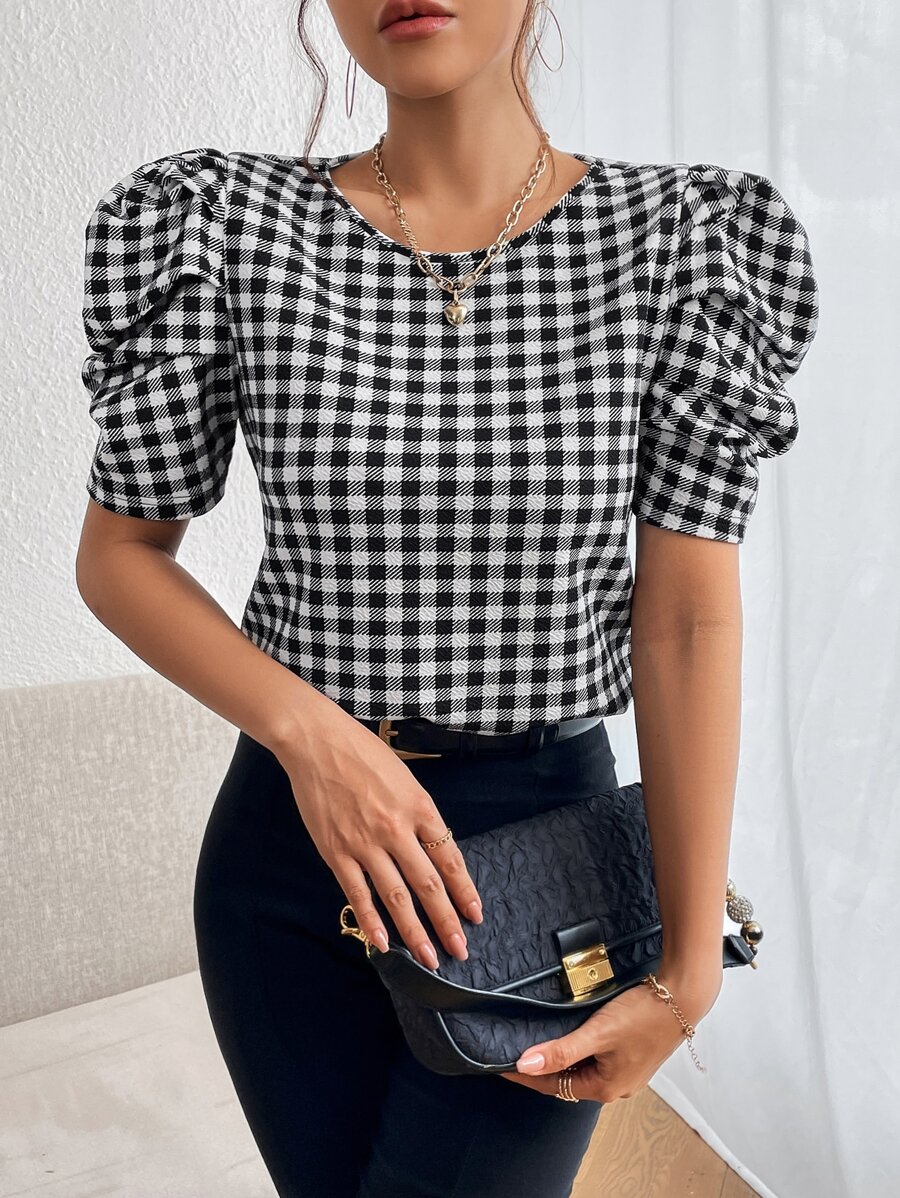 SHEIN Privé Gingham Print Puff Sleeve Blouse,Short Sleeve Tops | SHEIN USA