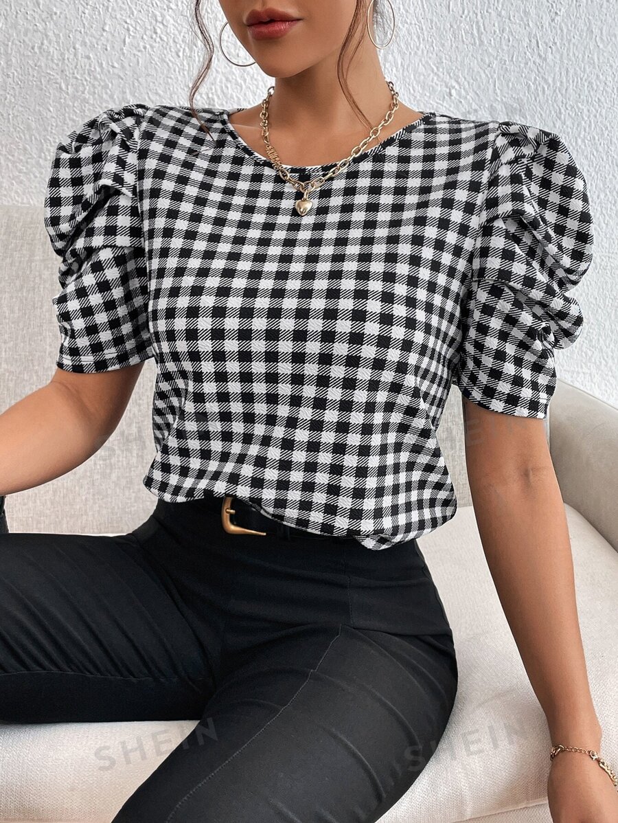 SHEIN Privé Gingham Print Puff Sleeve Blouse | SHEIN USA