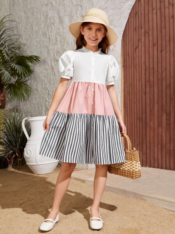 SHEIN Kids Nujoom Girls Striped Print Puff Sleeve Ruffle Hem Smock ...