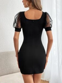 SHEIN Privé Contrast Mesh Puff Sleeve Square Neck Bodycon Dress | SHEIN USA