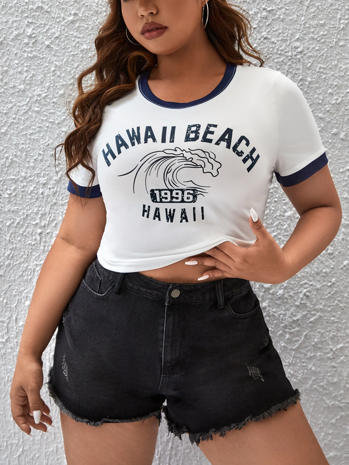Shein Ezwear Mais Camiseta Cortada Carta Gráfica Ligação De Contraste