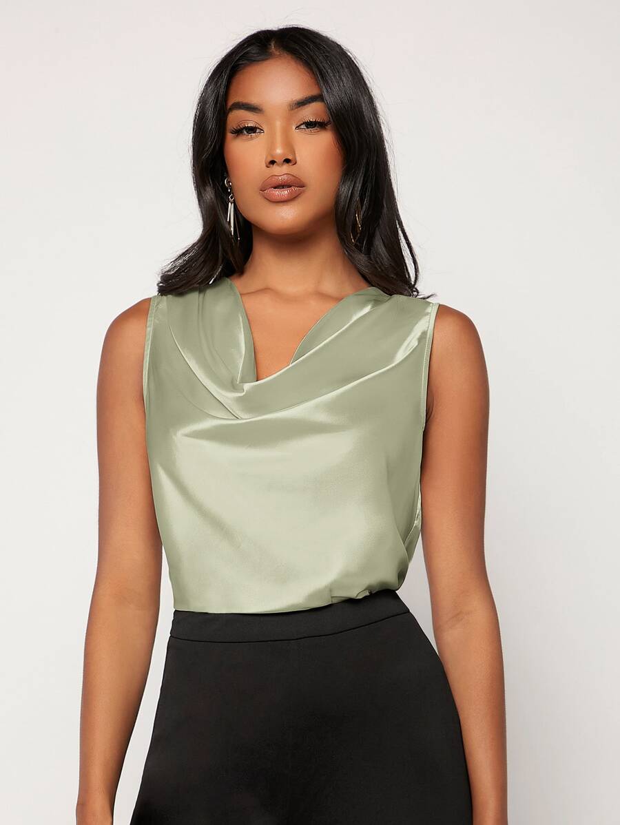 SHEIN Privé Solid Draped Collar Satin Blouse | SHEIN USA