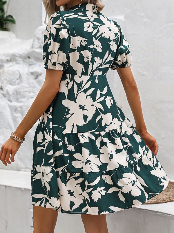 Shein Vcay Floral Print Puff Sleeve Ruffle Hem Smock Dress Shein Usa