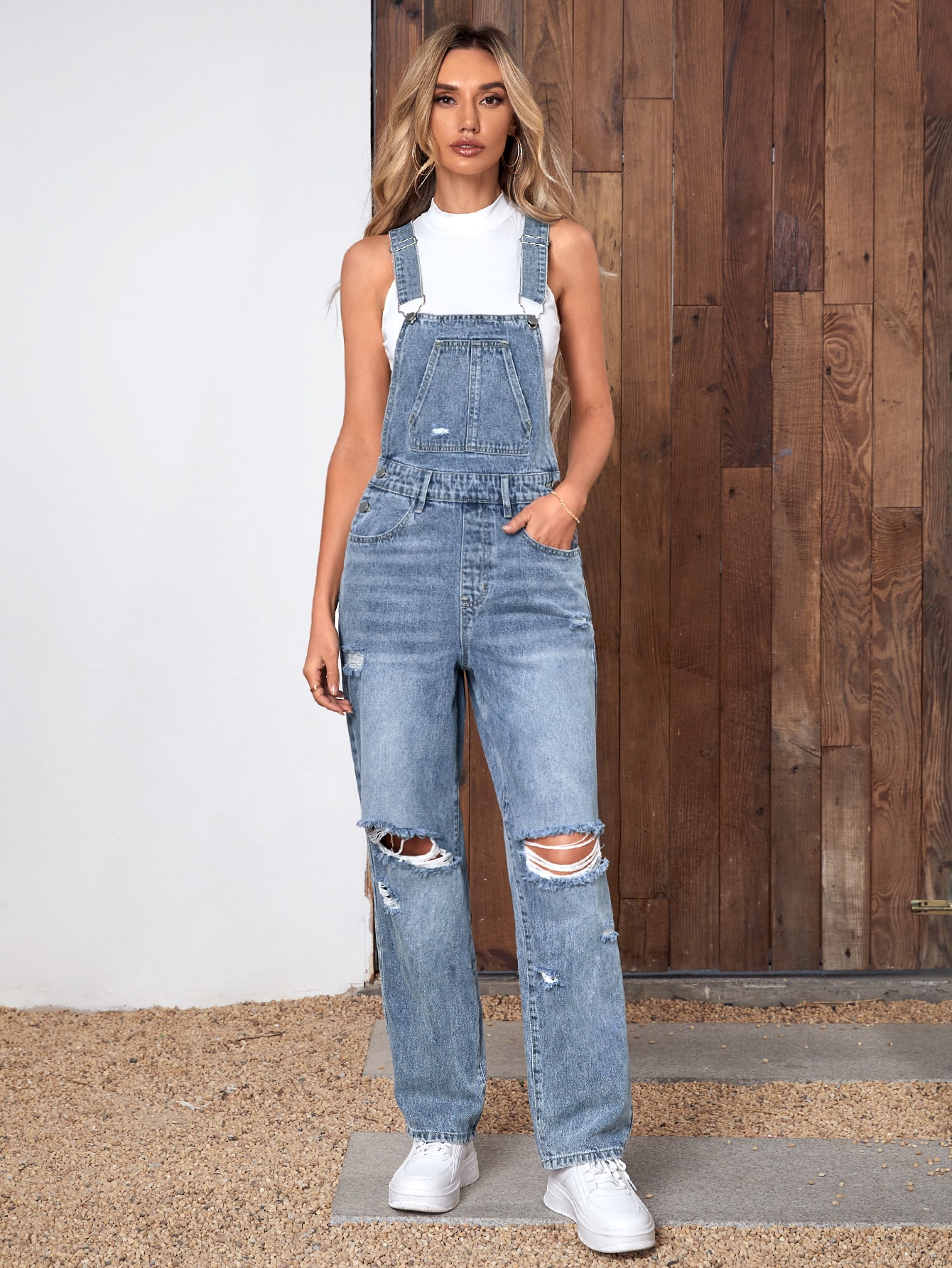 Ripped Patched Pocket Denim Overalls Without Tee