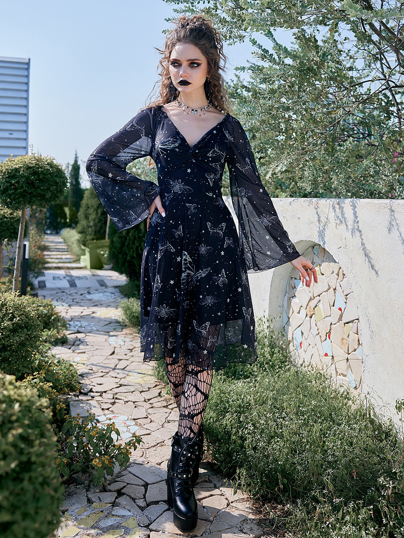 ROMWE Goth Butterfly Print Contrast Mesh Dress | SHEIN USA