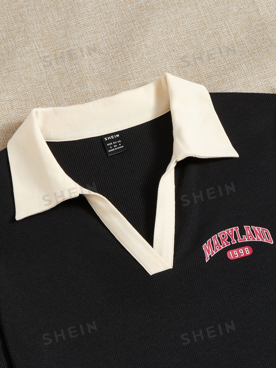 SHEIN EZwear Letter Graphic Contrast Collar Bodycon Dress | SHEIN UK