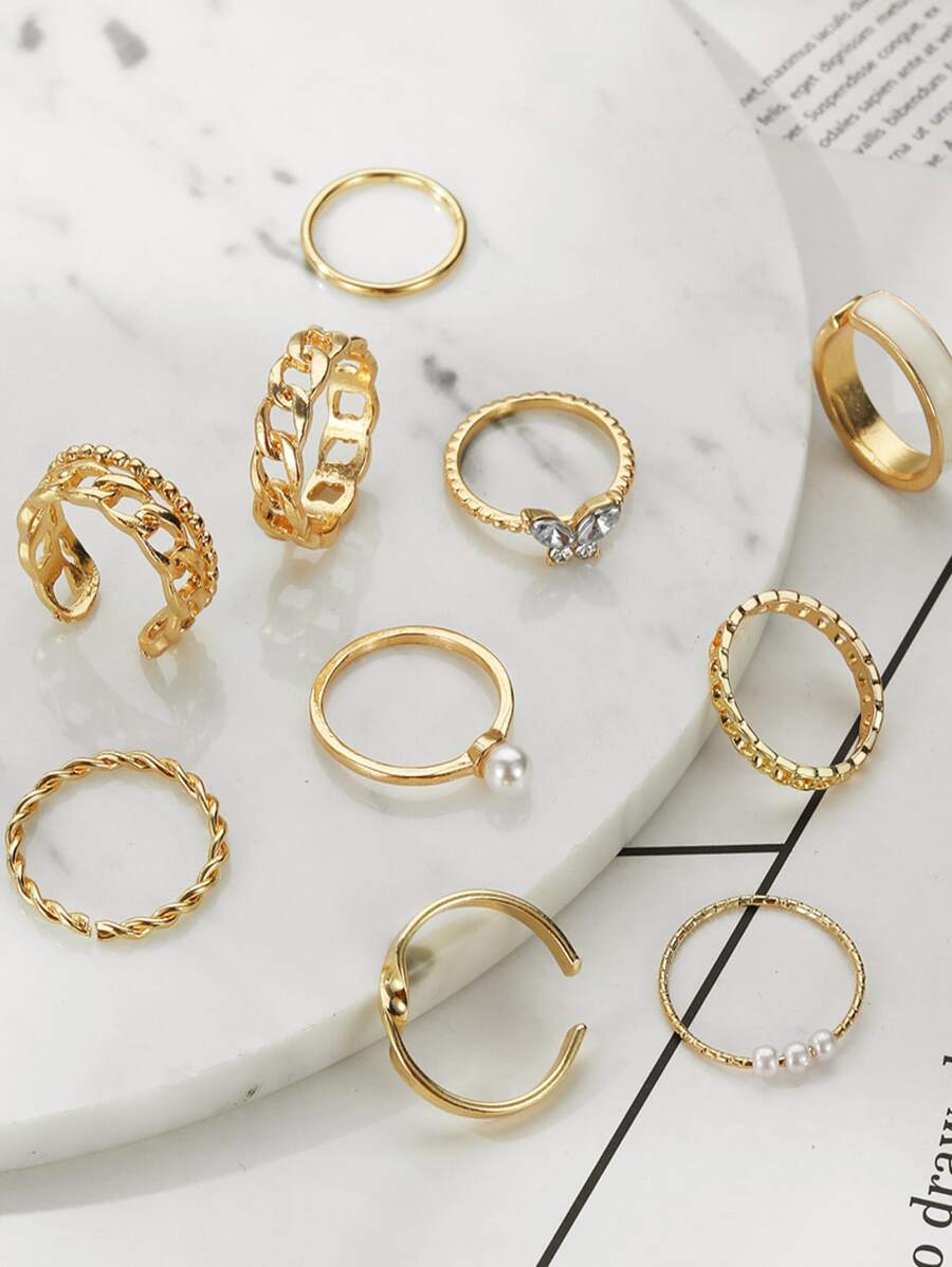 10pcs/Set Rhinestone Butterfly & Faux Pearl Decor Ring | SHEIN USA