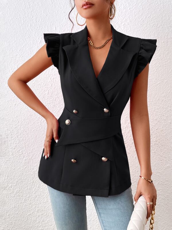 Shein Privé Ruffle Trim Double Breasted Blazer Shein Usa