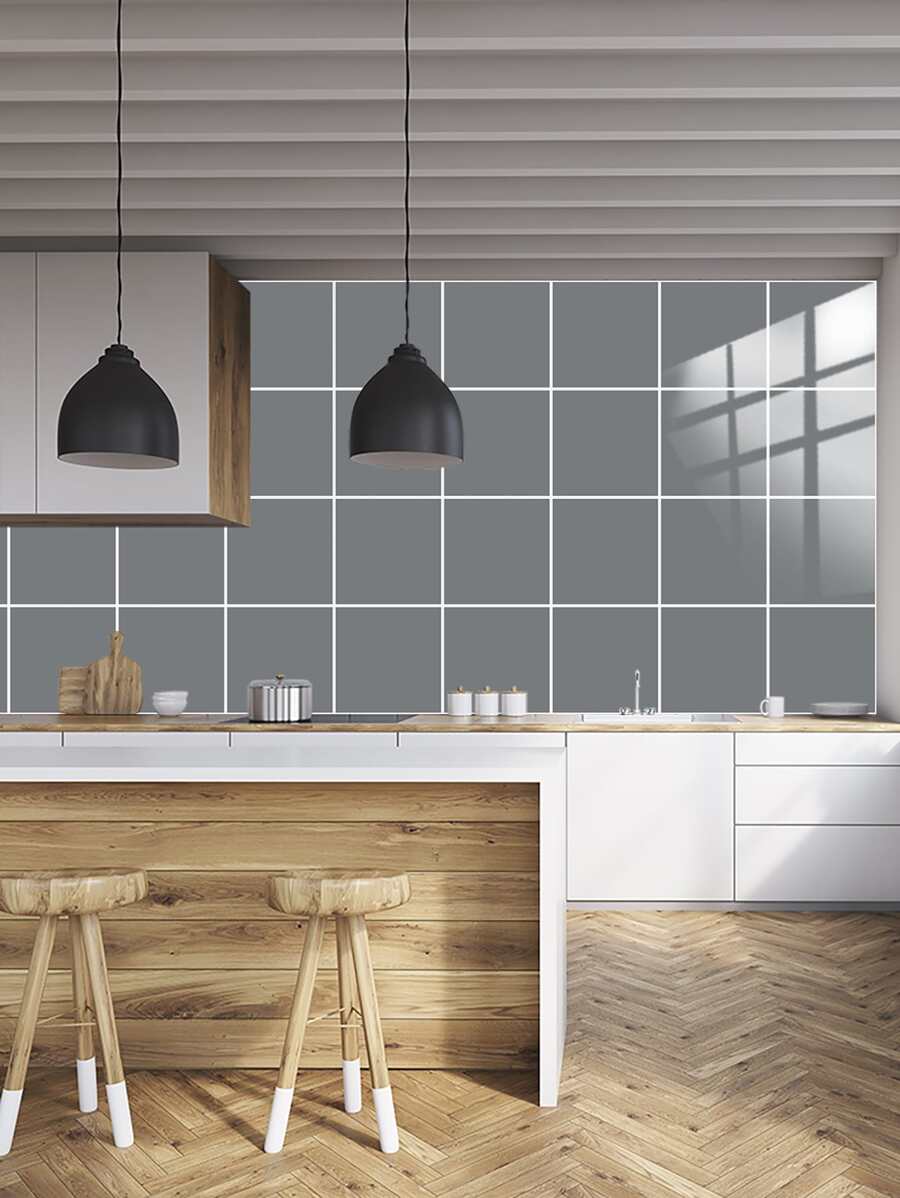 10pcs/set PVC Kitchen Sticker, Minimalist Grey Plaid Pattern Waterproof ...