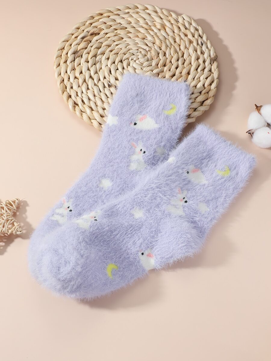 Rabbit & Moon Pattern Fluffy Crew Socks | SHEIN USA
