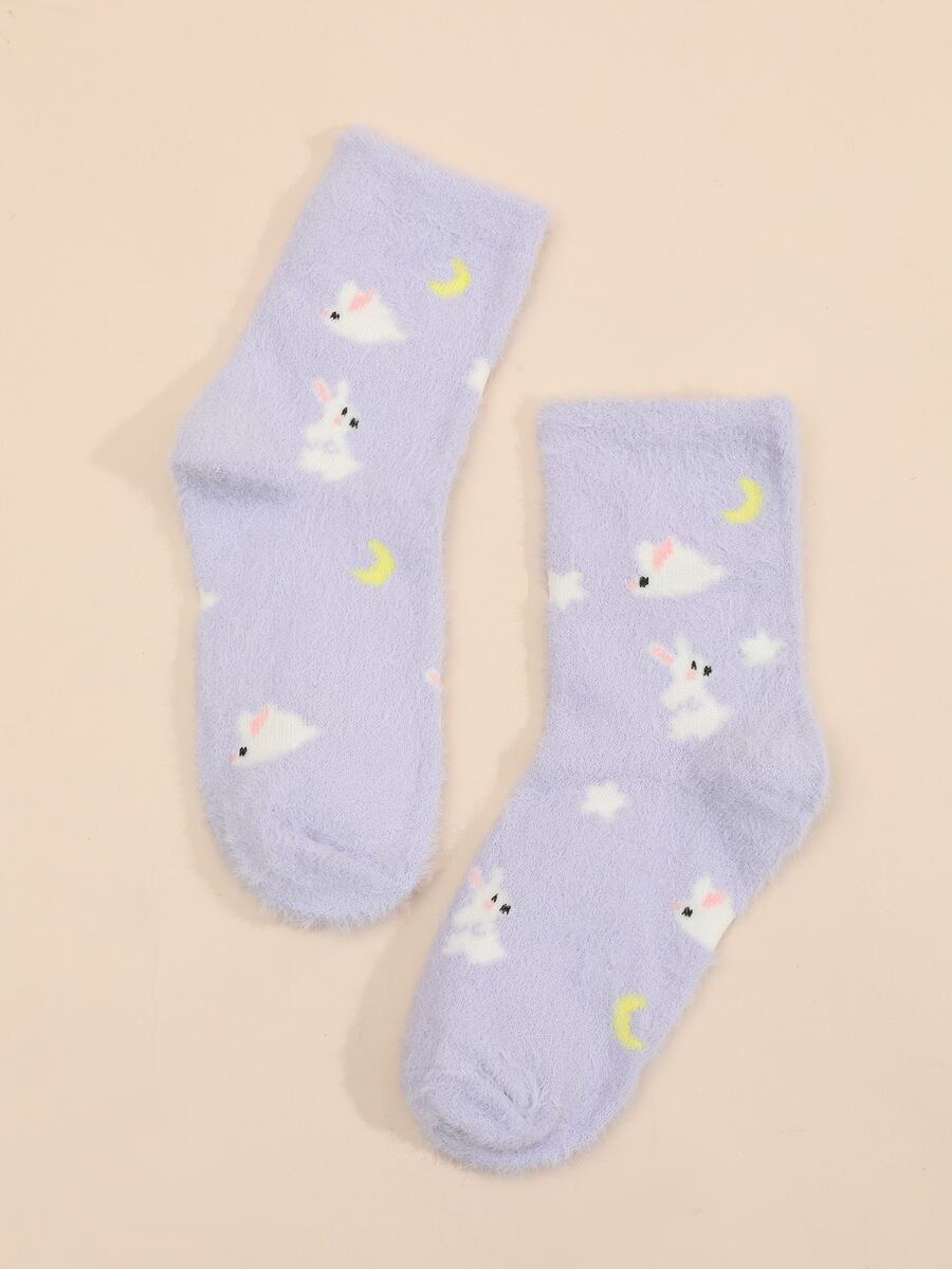 Rabbit & Moon Pattern Fluffy Crew Socks | SHEIN USA