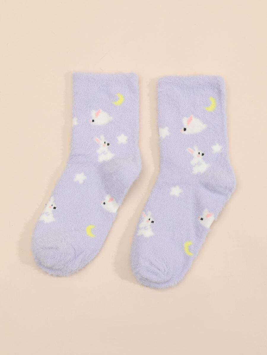Rabbit & Moon Pattern Fluffy Crew Socks | SHEIN USA
