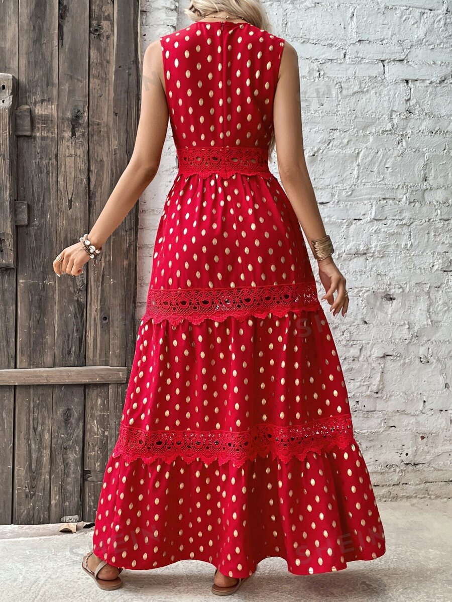 Shein Vcay Gold Dot Print Guipure Lace Insert Ruffle Hem Dress Shein Uk