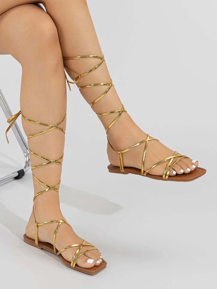 Women Tie Leg Design Strappy Sandals, Glamorous Outdoor Metallic Flat ...