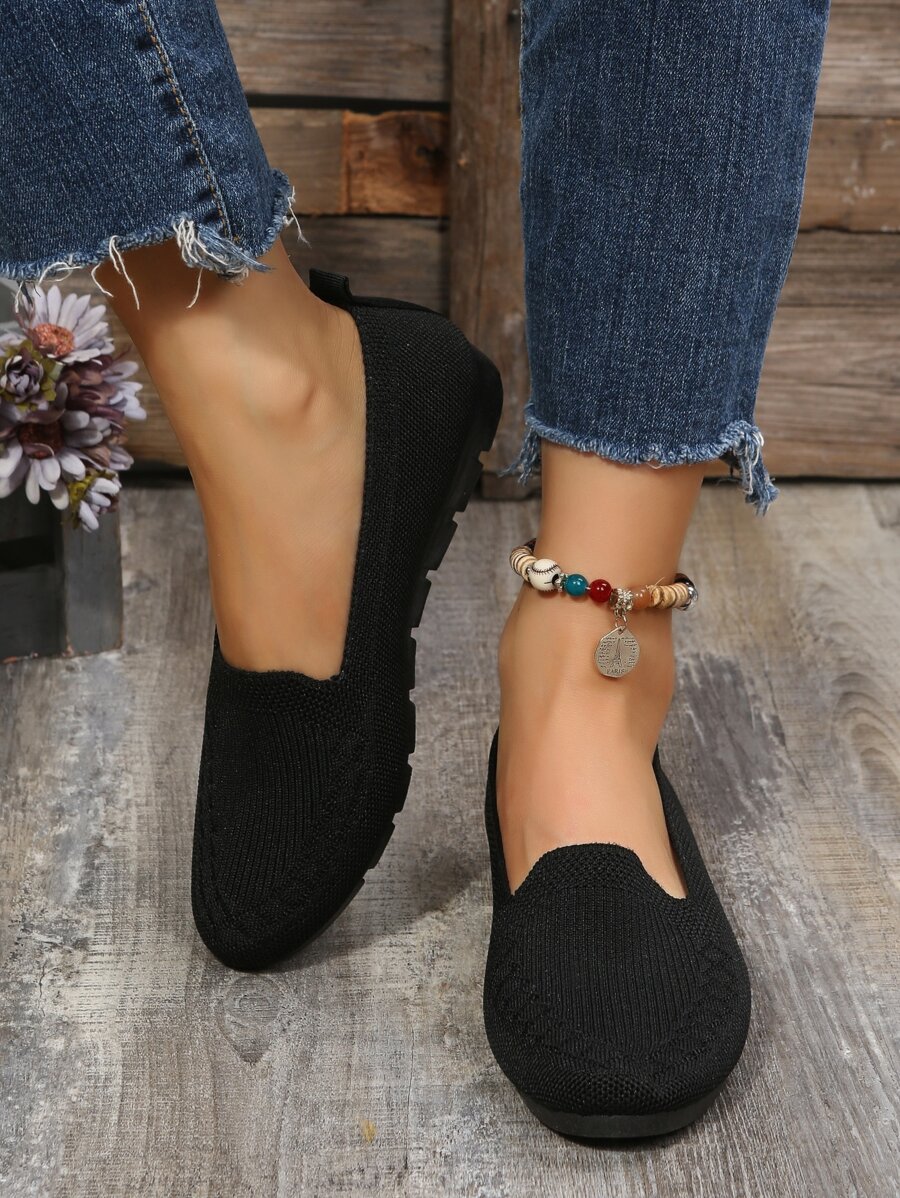 Fashion Women Ribbed Round Toe Flats, Elegant Black Solid Polyester ...