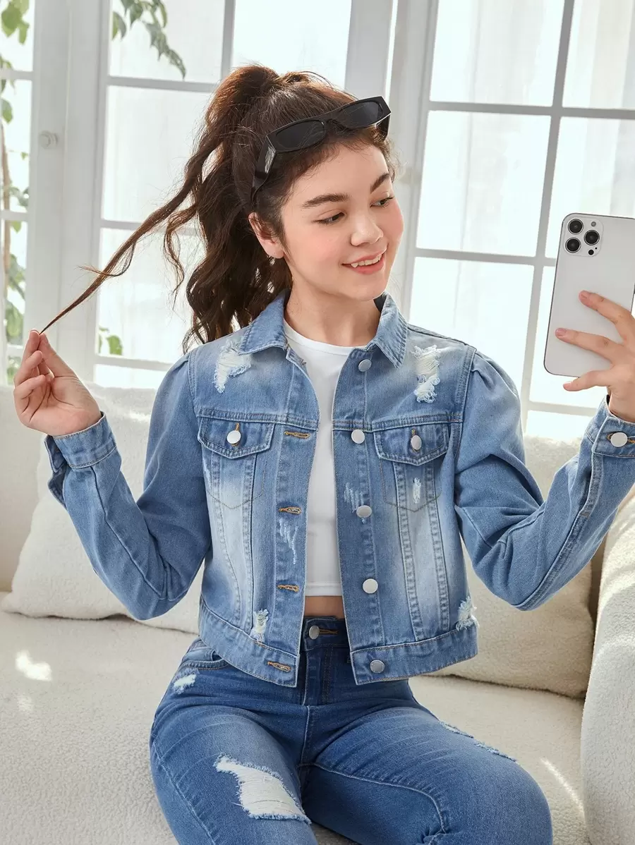 SHEIN Teen Girls Ripped Flap Pocket Denim Jacket | SHEIN USA