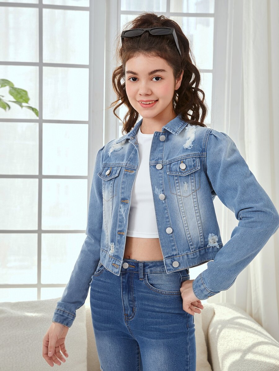 SHEIN Teen Girls Ripped Flap Pocket Denim Jacket | SHEIN USA