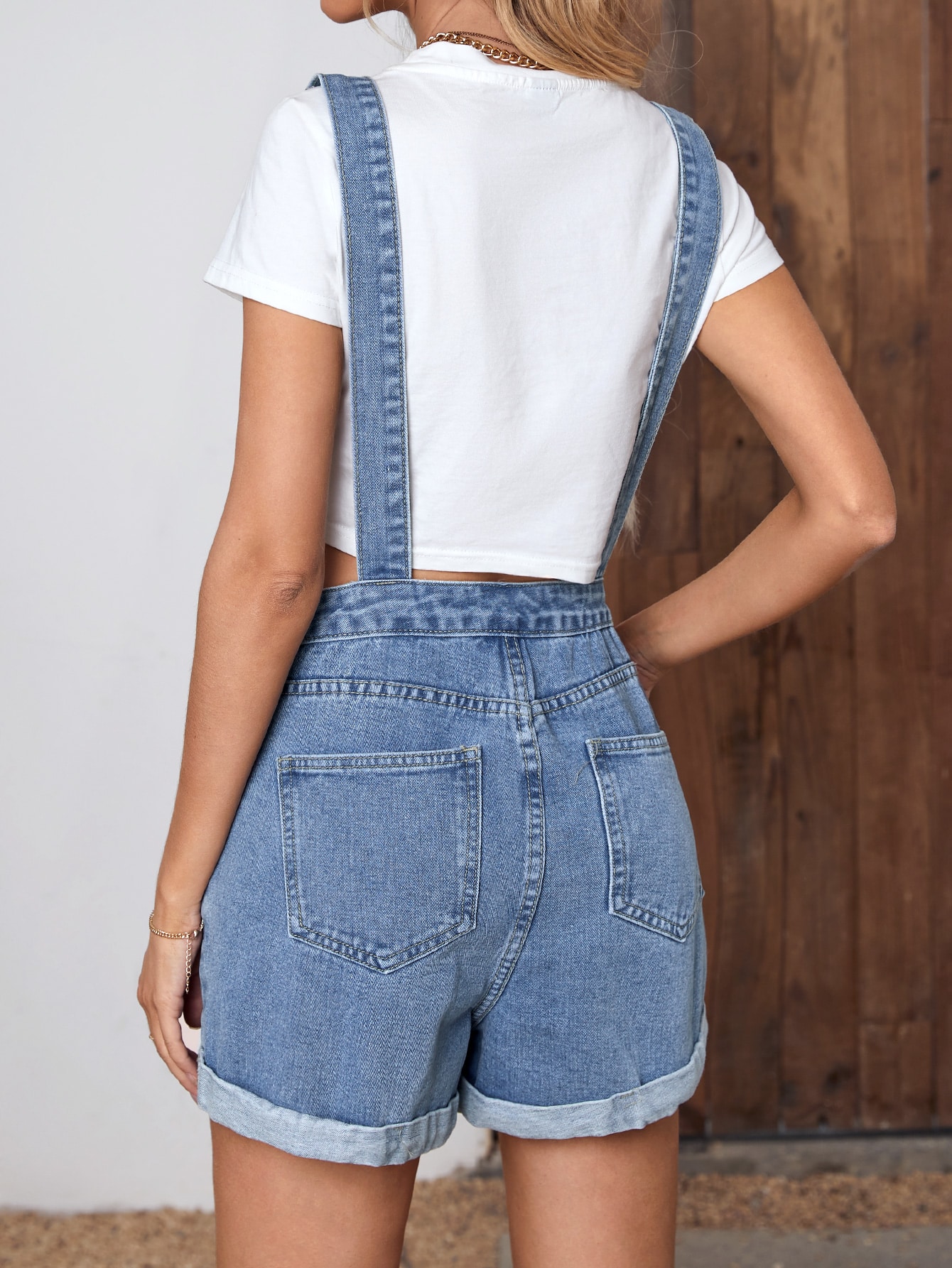 SHEIN Essnce Letter Patched Detail Denim Overalls Without Tee | SHEIN USA