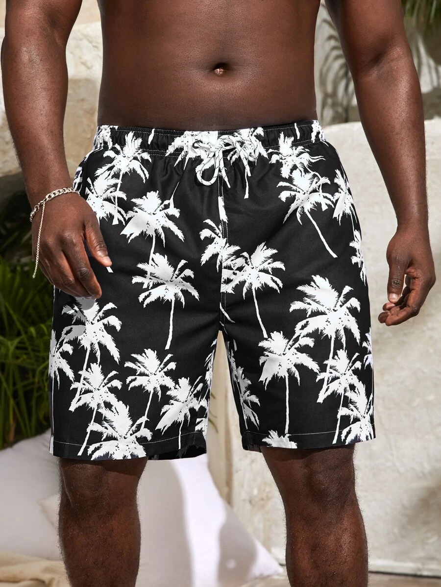 Manfinity Men Coconut Tree Print Drawstring Waist Swim Trunks | SHEIN USA