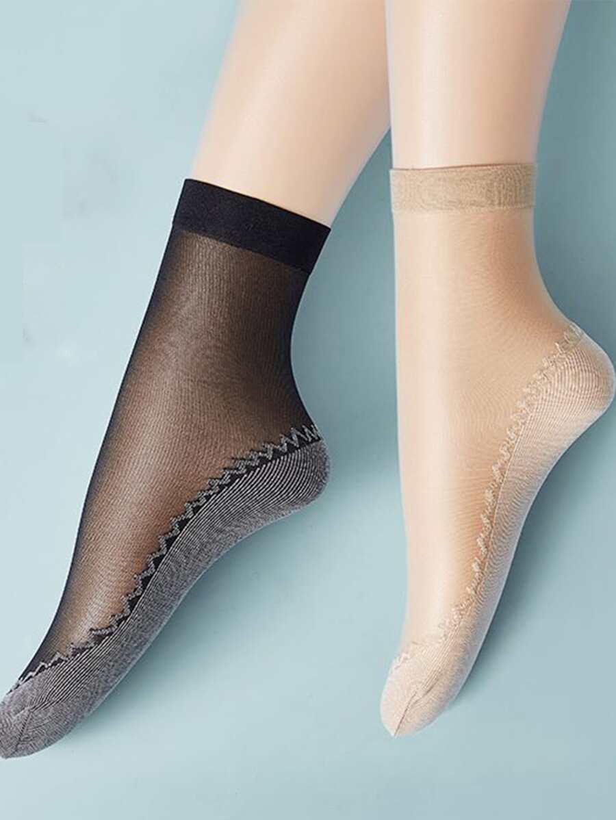 2 Pairs Sheer Black & Skin Tone Breathable Women's Nylon Stockings ...