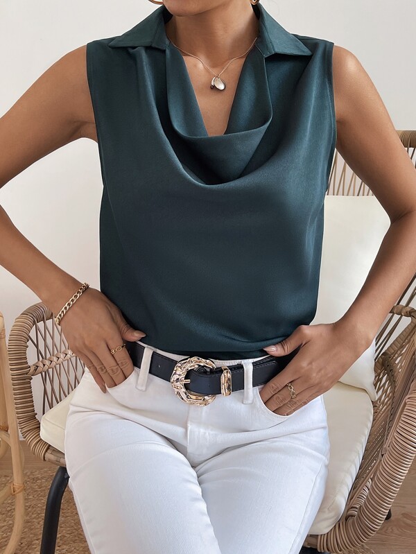 SHEIN Privé Solid Draped Collar Sleeveless Blouse | SHEIN USA