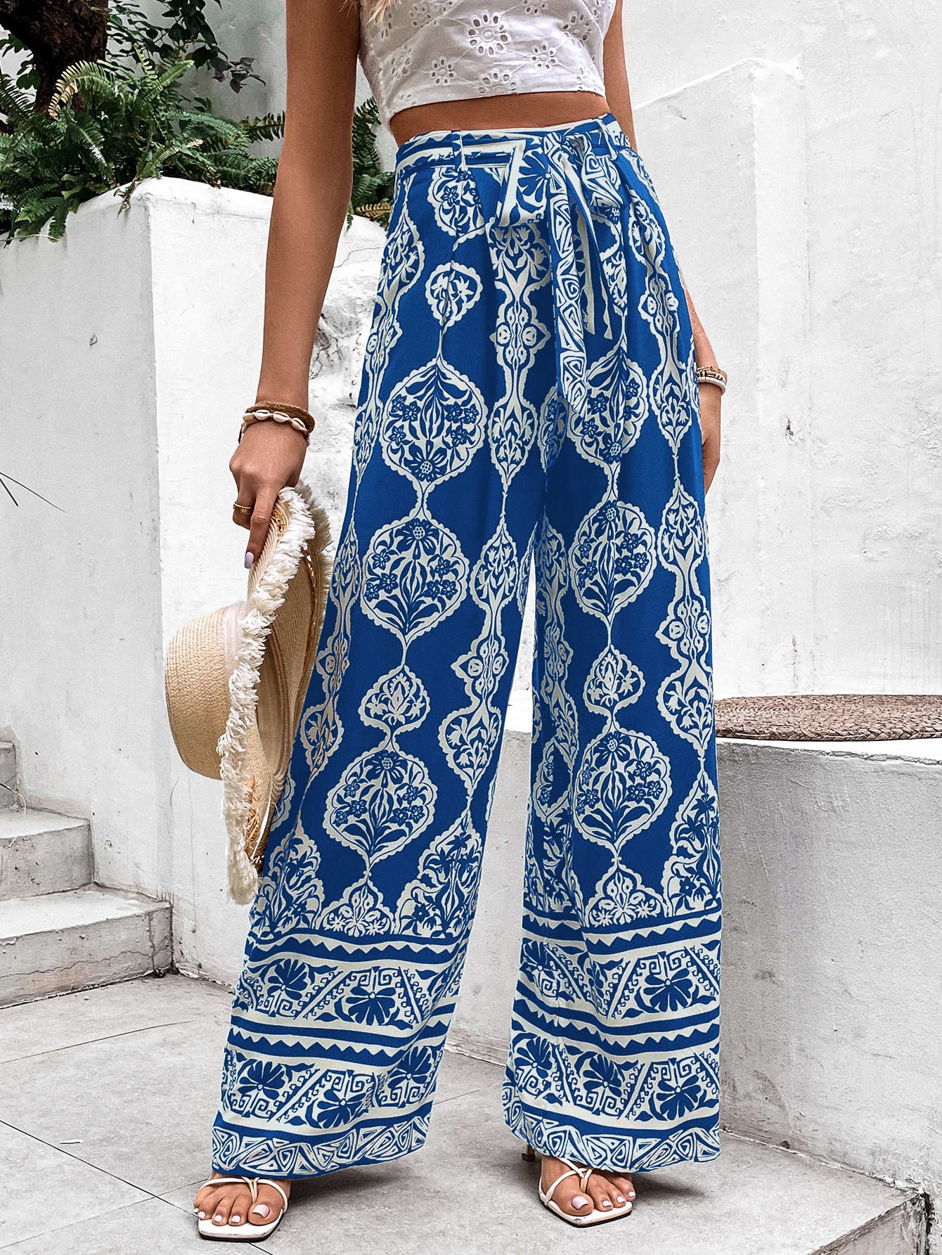 SHEIN VCAY Floral Print Belted Wide Leg Trousers | SHEIN UK