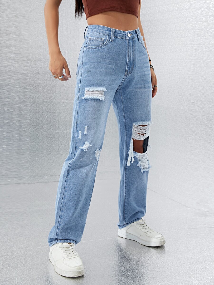 Ripped Straight Leg Jeans | SHEIN USA