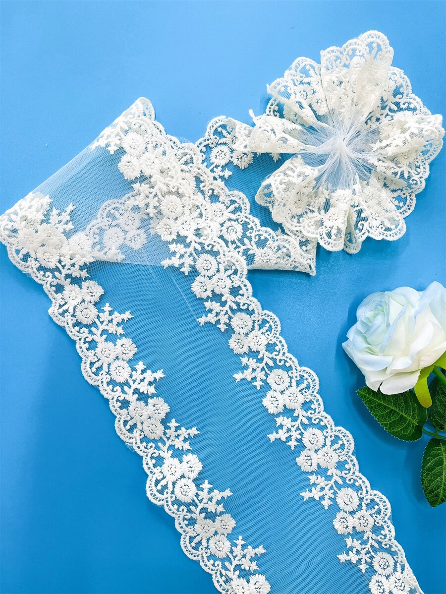 1pc Flower Design DIY Webbing Lace, Embroidered White Organza Strip For ...