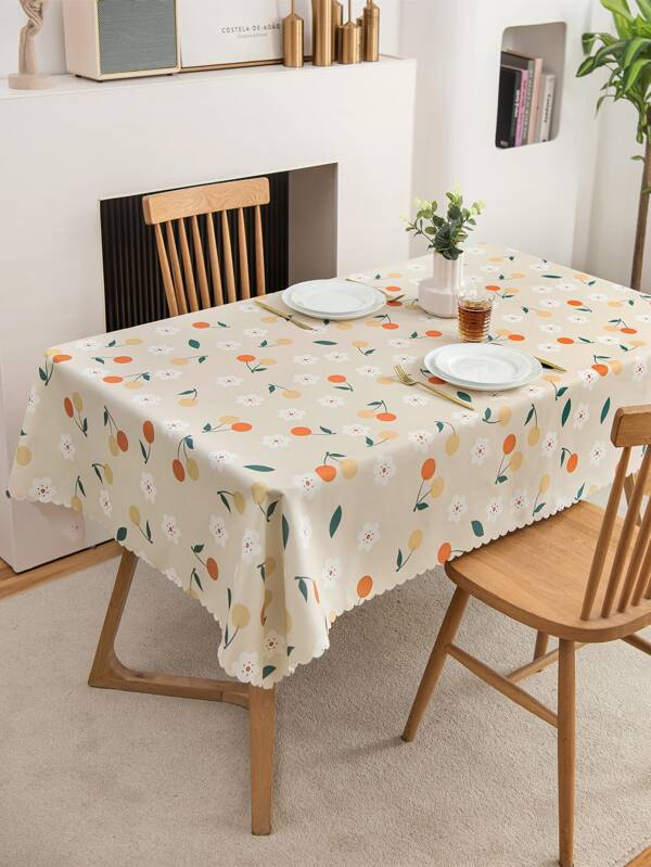 1pc Polyester Tablecloth, Modern Fruit & Floral Pattern Scallop Trim ...