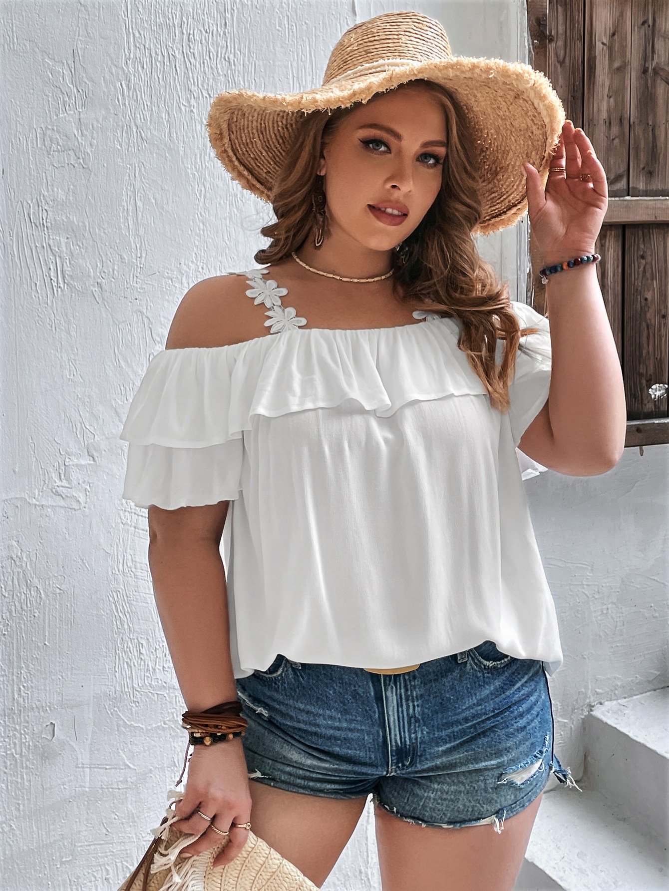 Shein Vcay Plus Appliques Cold Shoulder Ruffle Trim Blouse Shein Usa