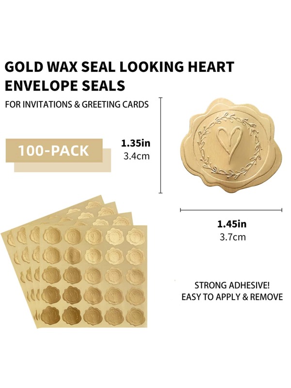 100pcs Gold Embossed Heart Pattern Envelope Sticker, Wax Seal Design ...