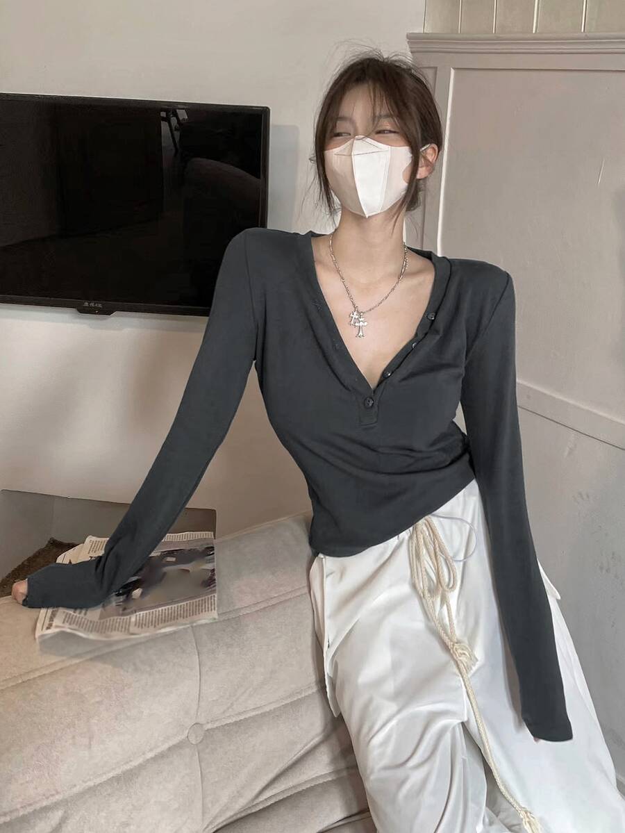 Solid Button Front Tee | SHEIN USA