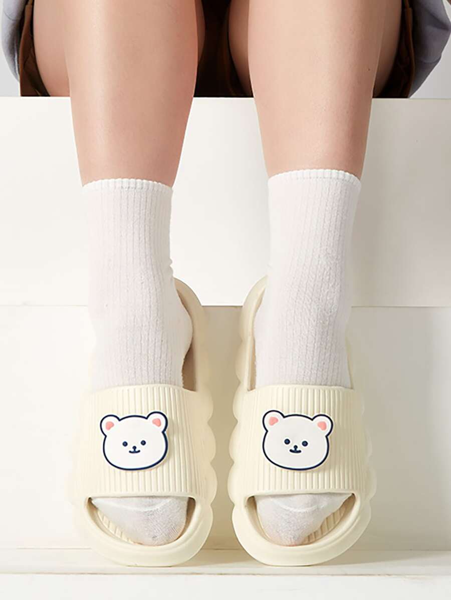 Women Cartoon Bear Decor Single Band Slides, Preppy Beige Color Outdoor ...