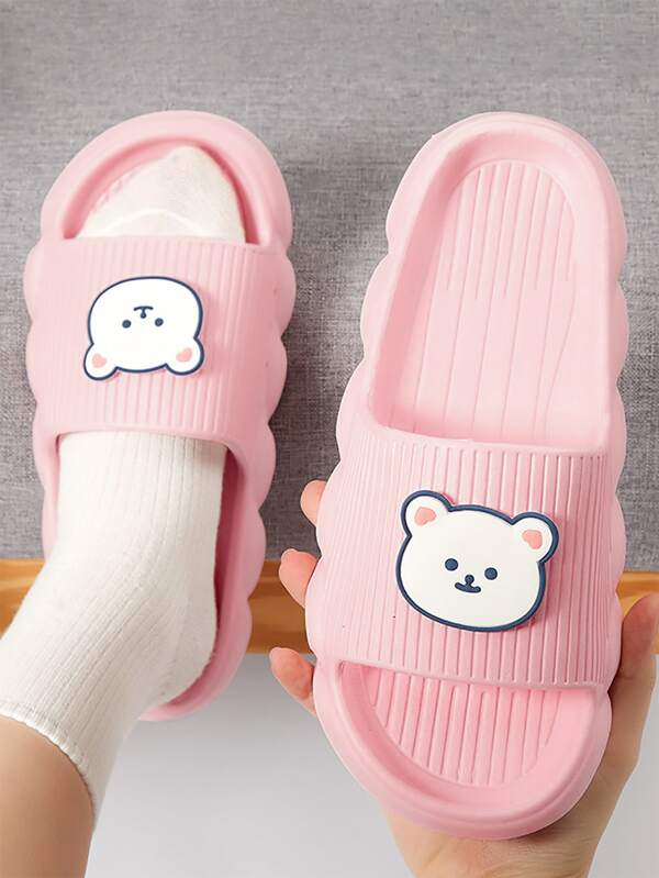 Women Cartoon Bear Decor Single Band Slides, Preppy Pink EVA Slides ...