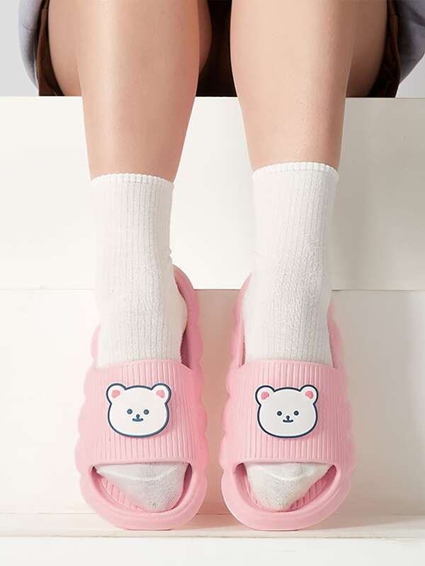 Women Cartoon Bear Decor Single Band Slides, Preppy Pink EVA Slides ...