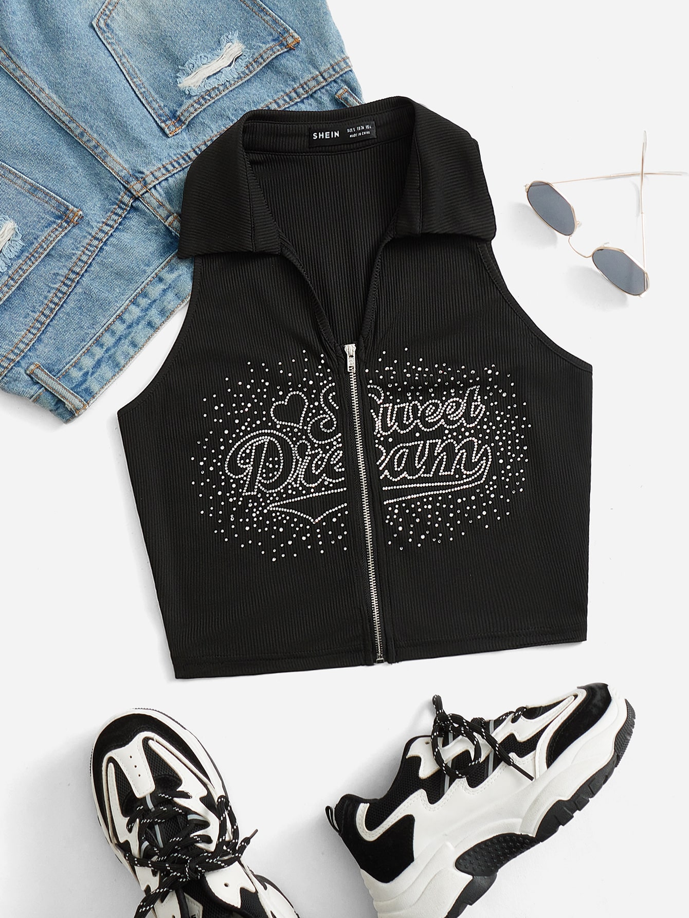 SHEIN EZwear Letter Rhinestone Zip Up Crop Top | SHEIN UK