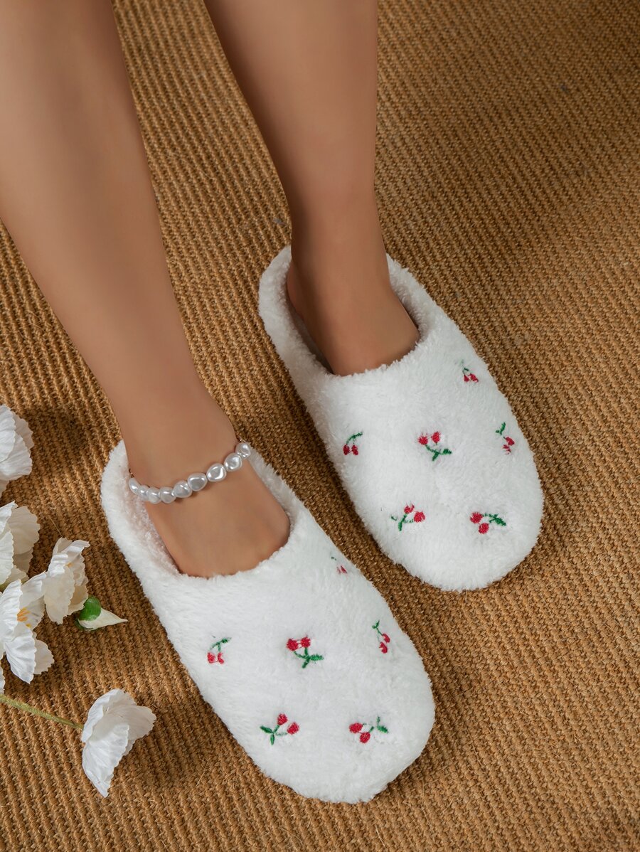 Women Cherry Graphic Bedroom Slippers, Preppy Home Slippers White ...