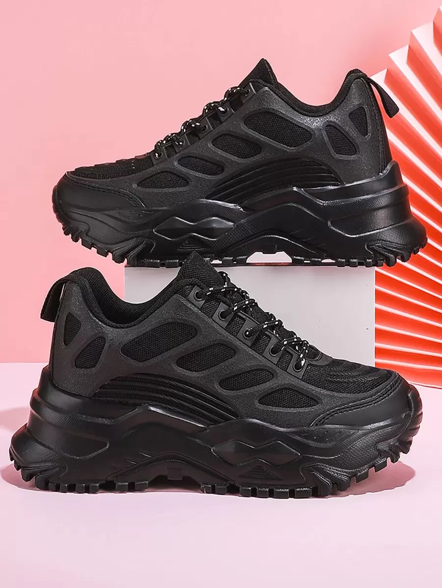 Women Chunky Sneakers, Lace-up Front Sneakers Black | SHEIN USA
